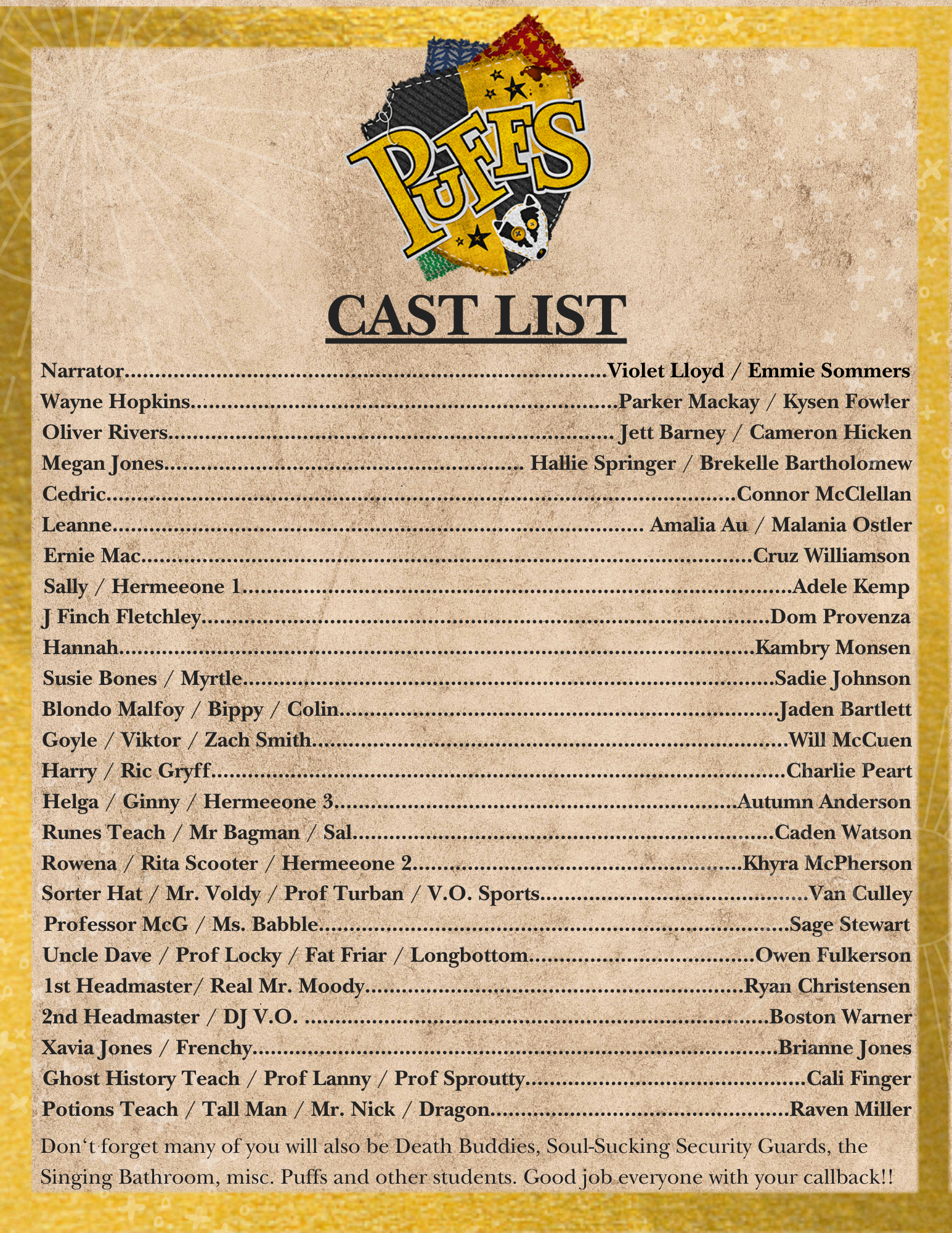 “Puffs” Cast List – Lake Mountain Warrior Drama